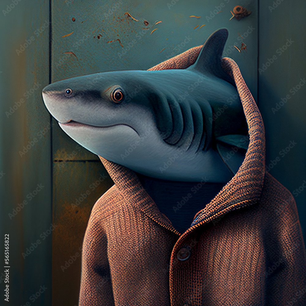 Shark hiding inside a hoody in a ship cabin, surreal animal concept ...