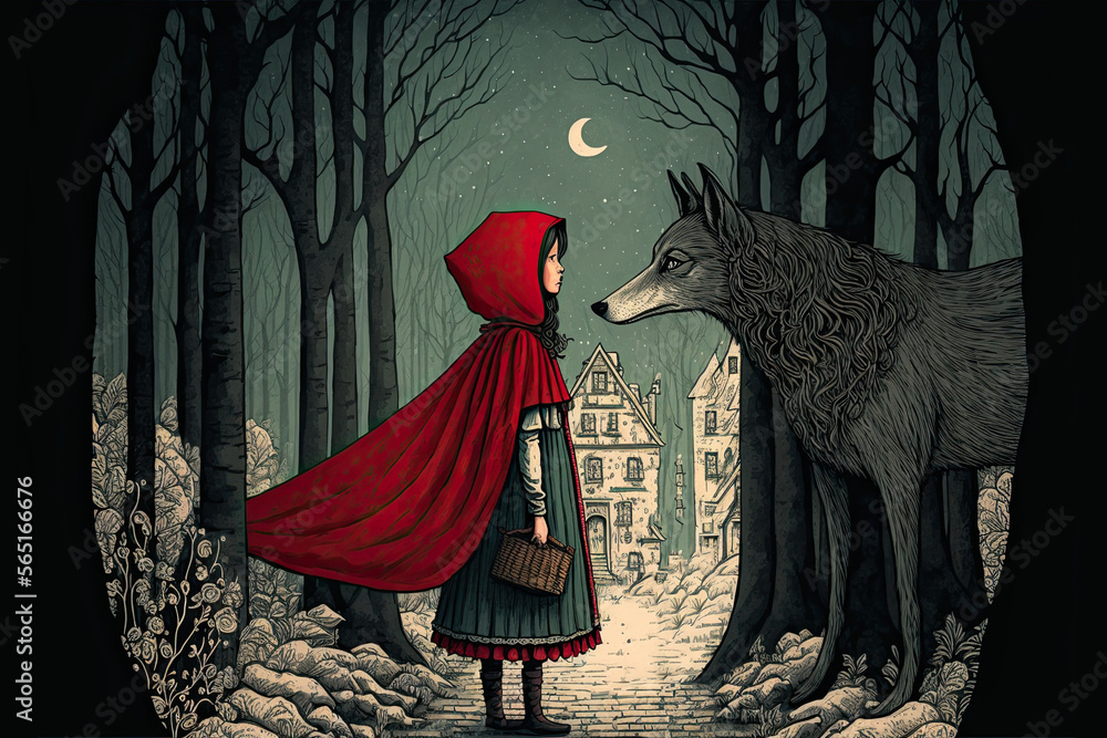 A fairytale illustration of the Little Red Riding Hood, fantasy, epic ...