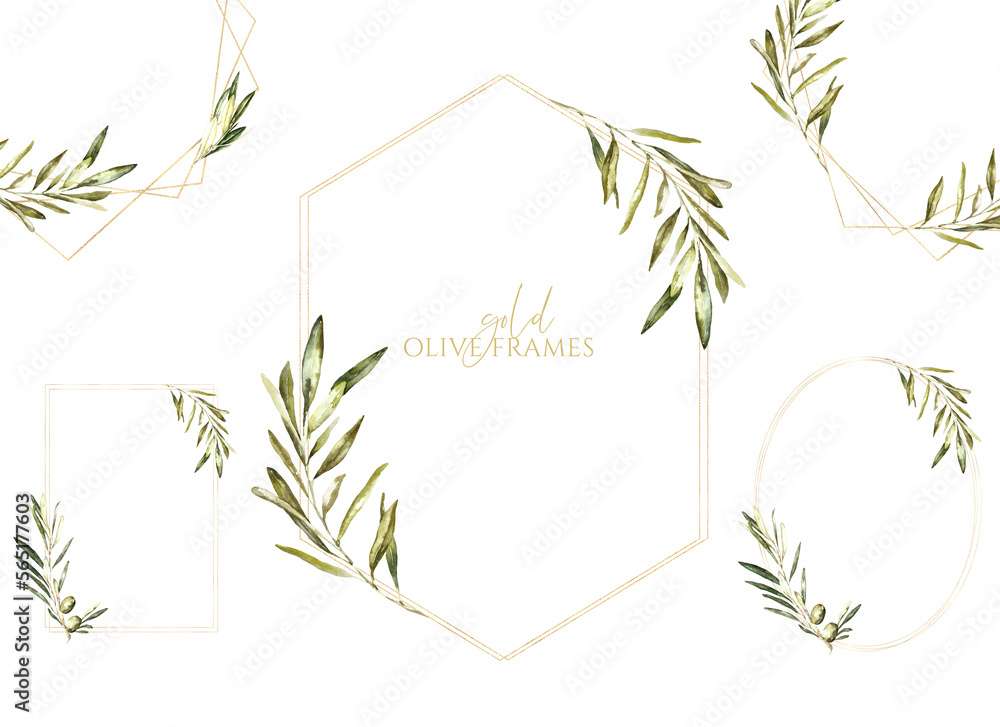 Watercolor green olive gold frames set. Polygonal , oval, round ...