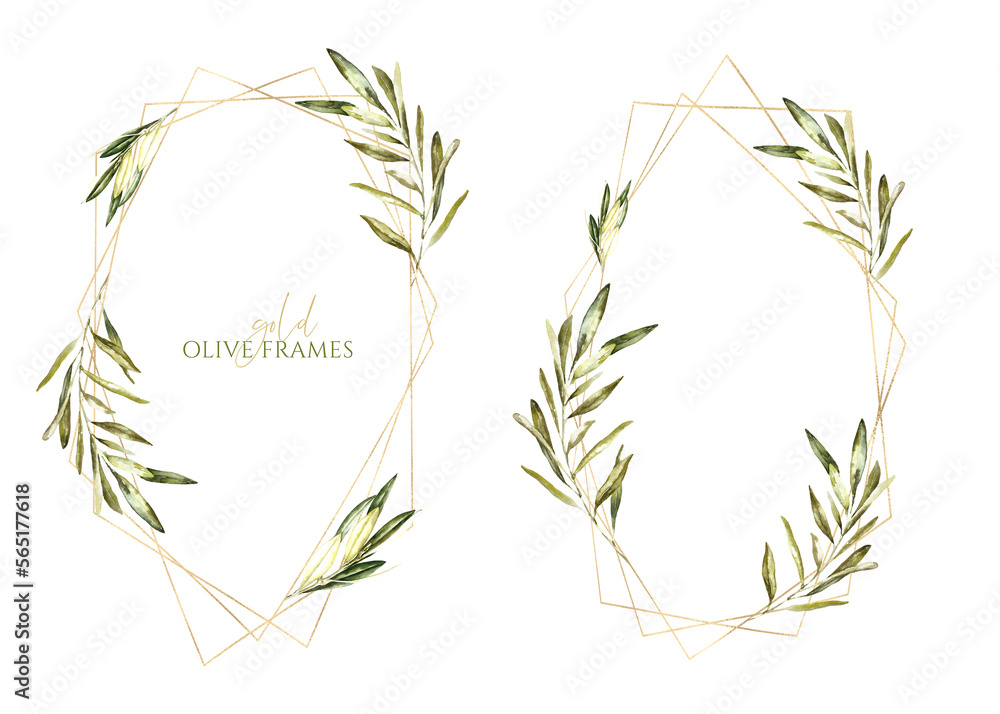 Watercolor green olive gold frames set. Polygonal , oval, round ...