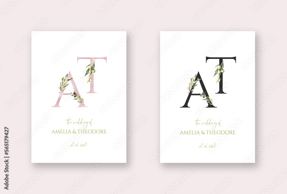 Watercolor olive Wedding stationery card design. Letter monogram ...