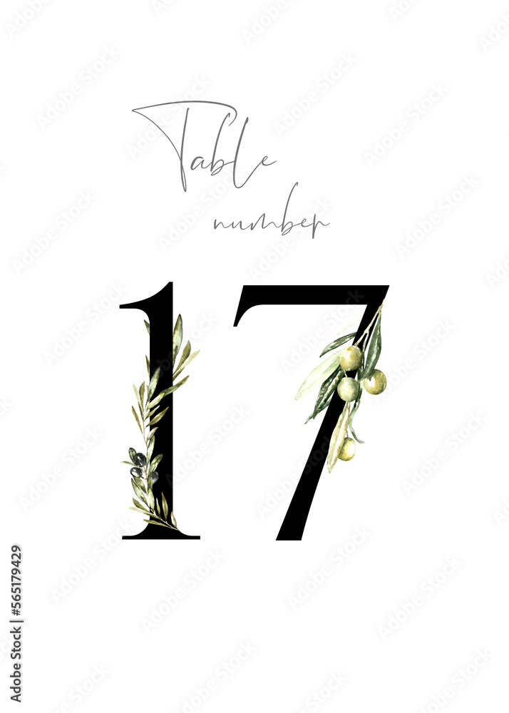 Watercolor olive table number, digit 17 illustration printable greeting ...