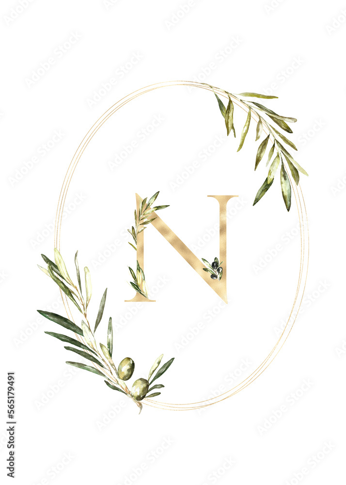 Watercolor gold oval frame with letter monogram initals, letter n ...