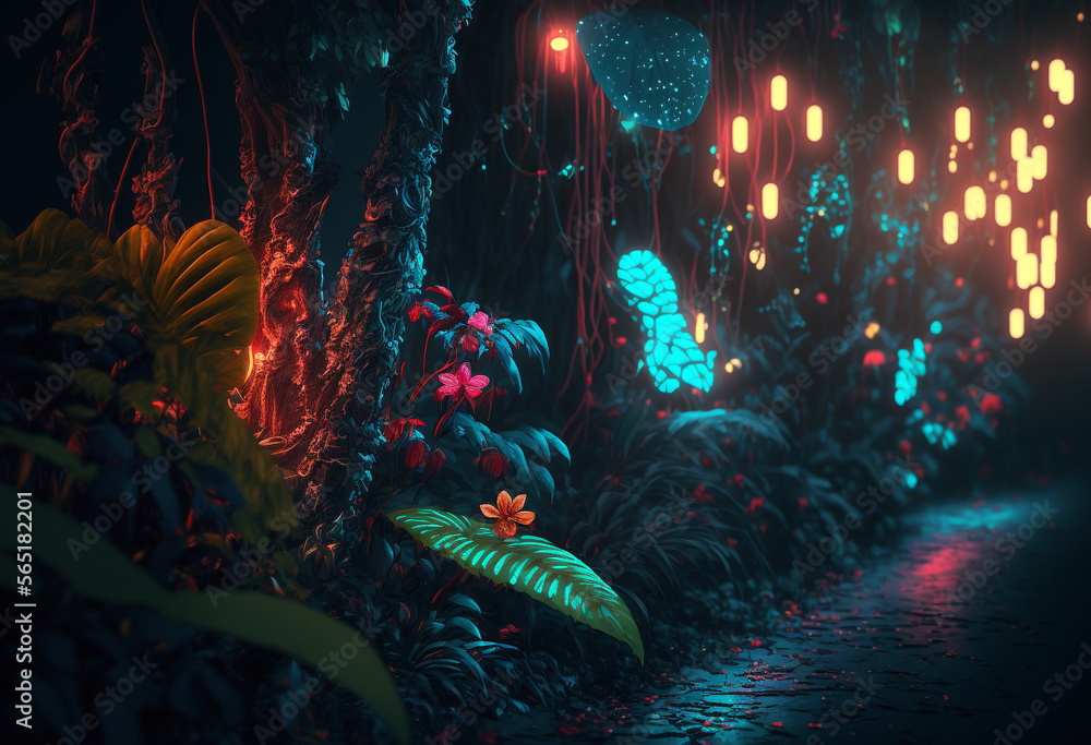Illuminated Exotic Jungle-scape: A 3D AI-Generated Render of Bright ...