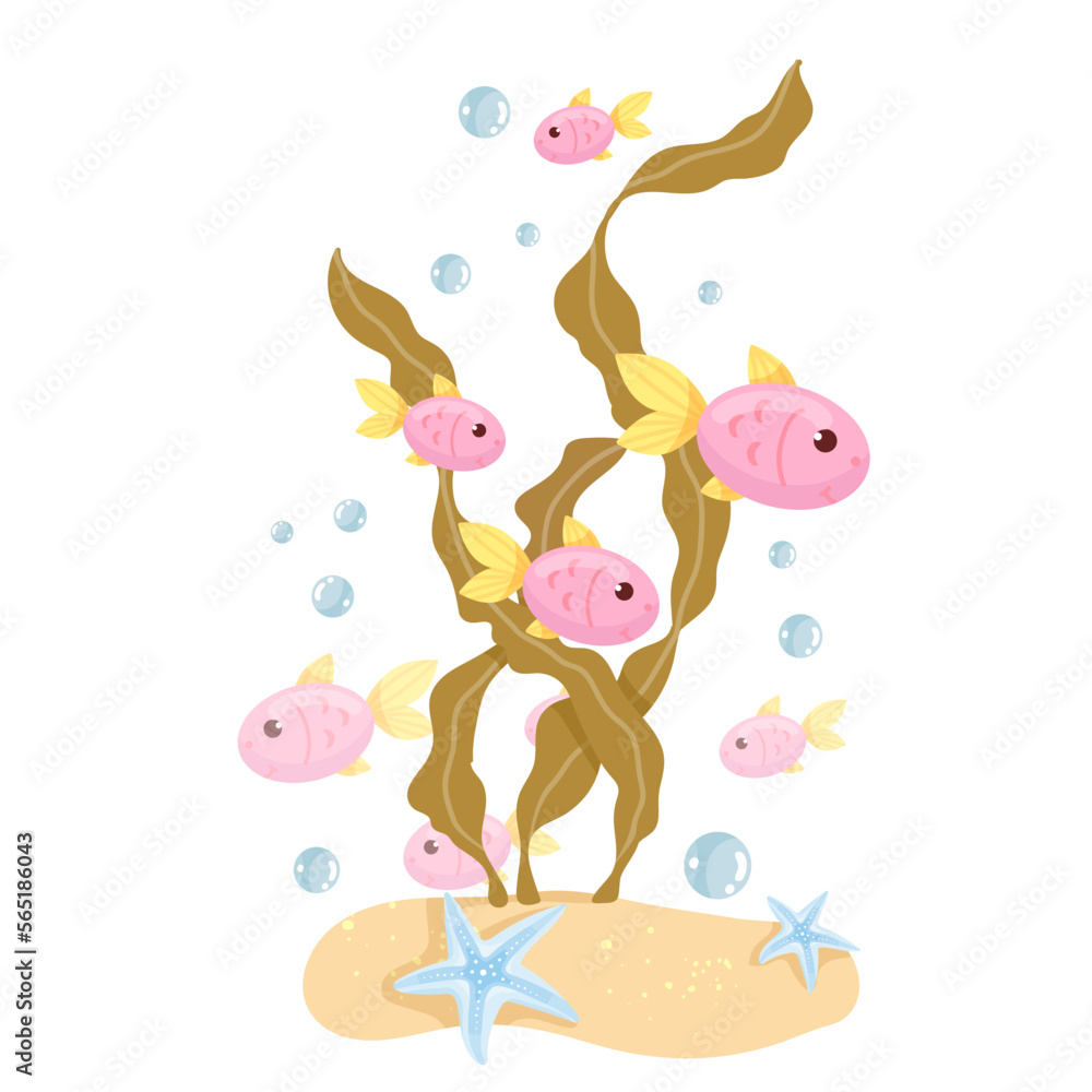 Cartoon fish in algae at the bottom of the aquarium.Vector graphics ...