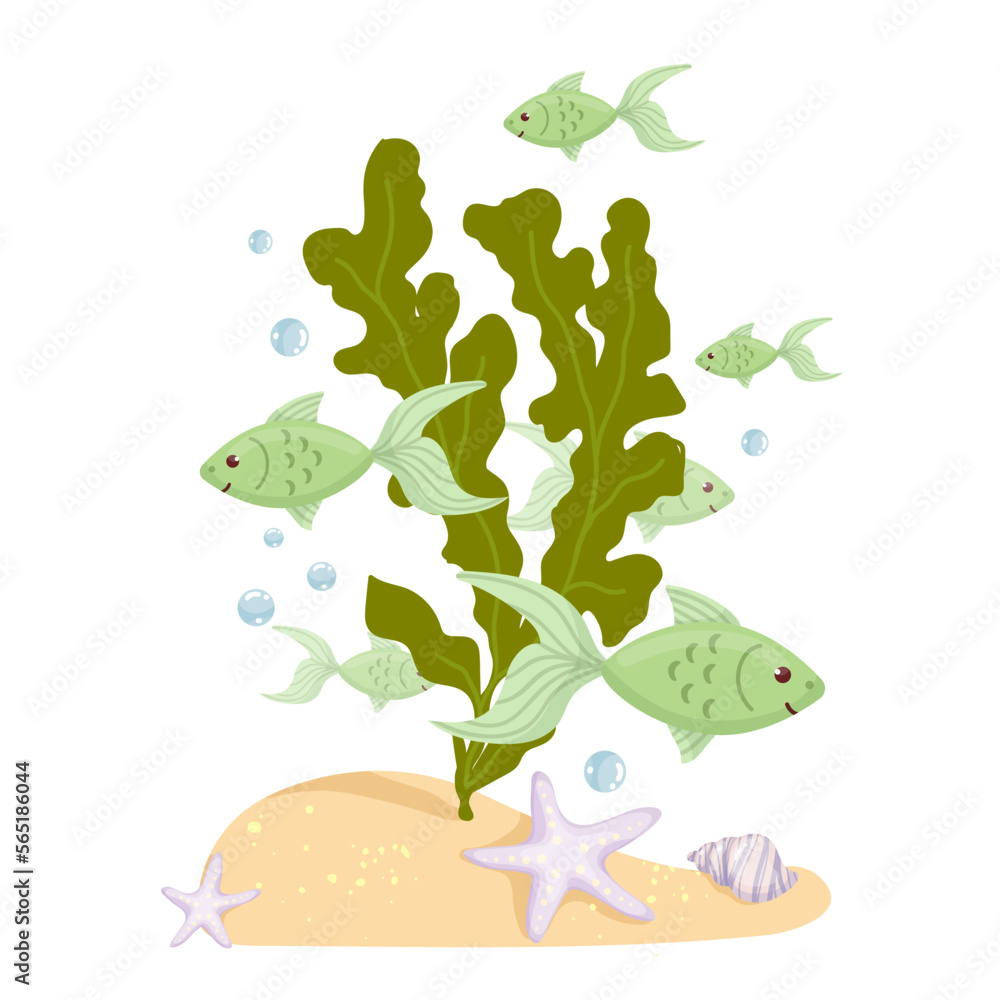 Cartoon fish in algae at the bottom of the aquarium.Vector graphics ...