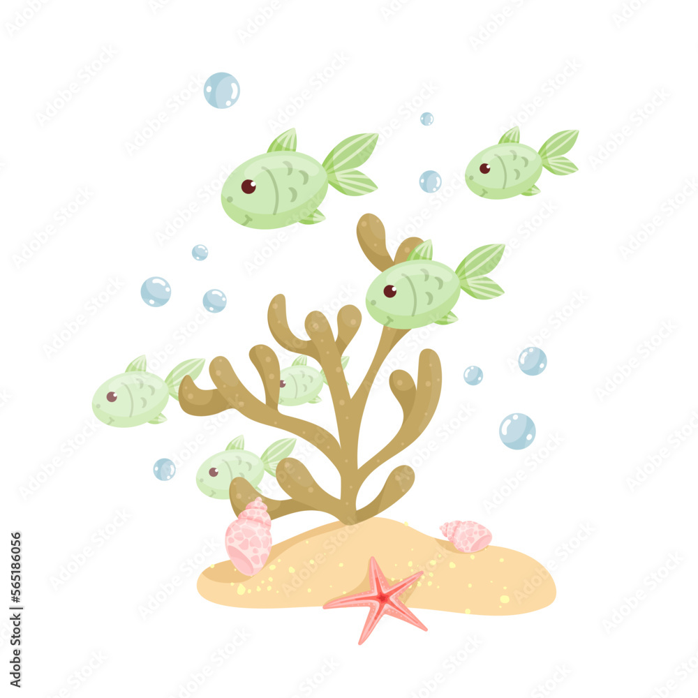 Cartoon fish in algae at the bottom of the aquarium.Vector graphics ...