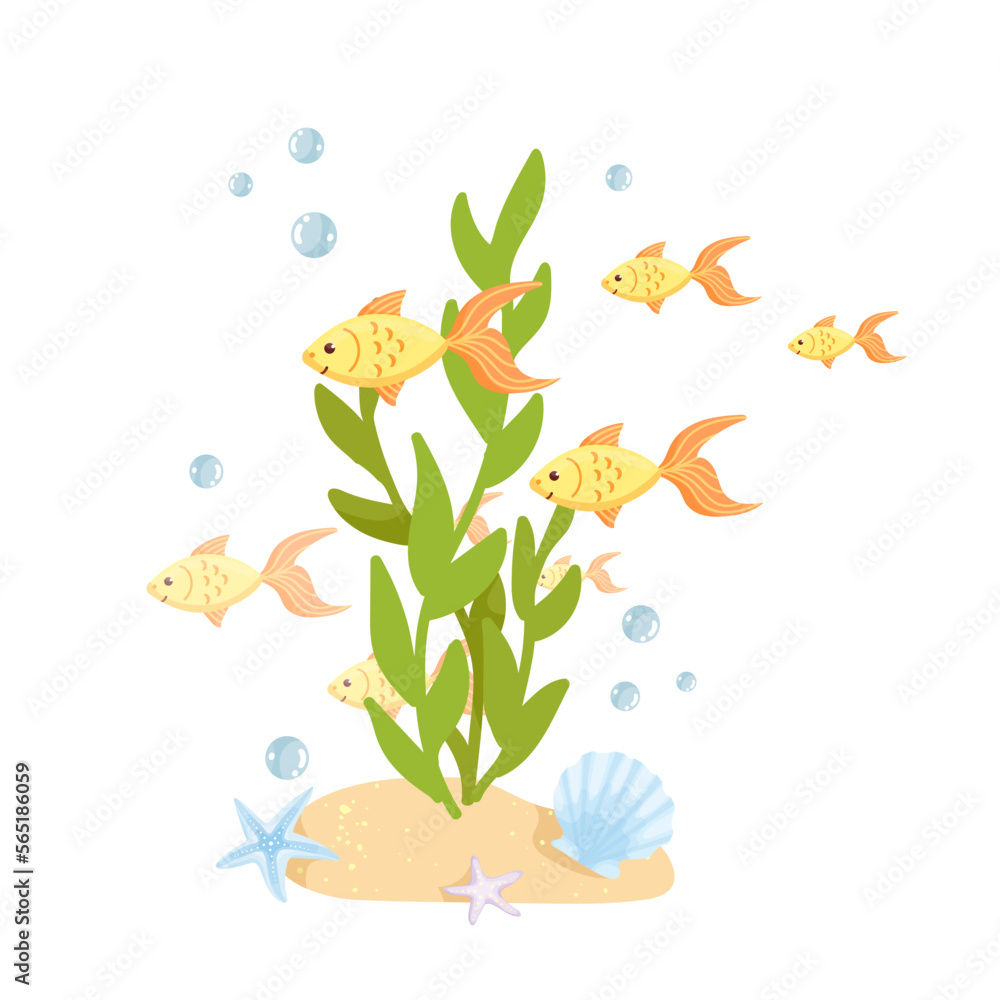 Cartoon fish in algae at the bottom of the aquarium.Vector graphics ...