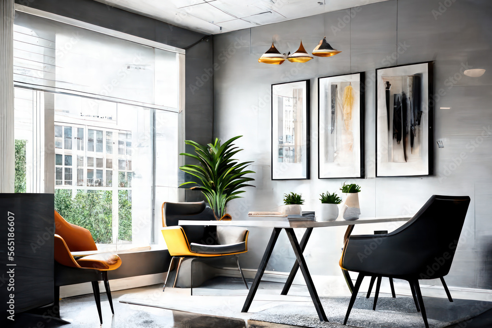 Bright, modern office design with sleek furnishings and decor, window ...