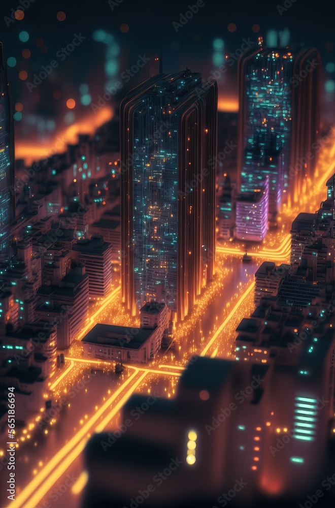 glowing futuristic city. high tech city built on a circuit board ...