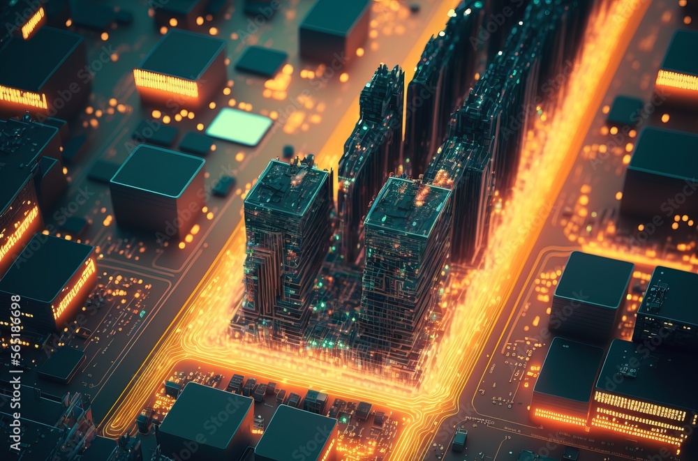city on a graphics card. city built on a circuit board. artificial ...