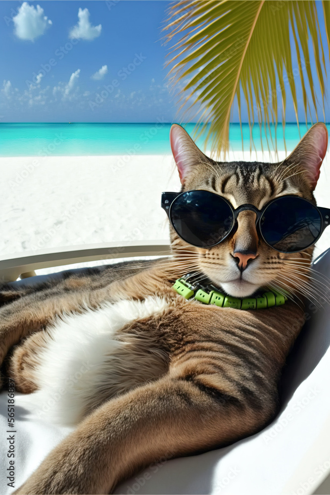 Stripped tom cat with sunglasses, enjoying the best white sand beaches ...