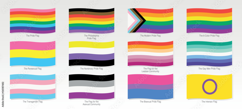 Waving flags LGBT, Pansexual, Non Binary, Lesbian, Gay, Transgender, Asexual, Bisexual, Intersex ...