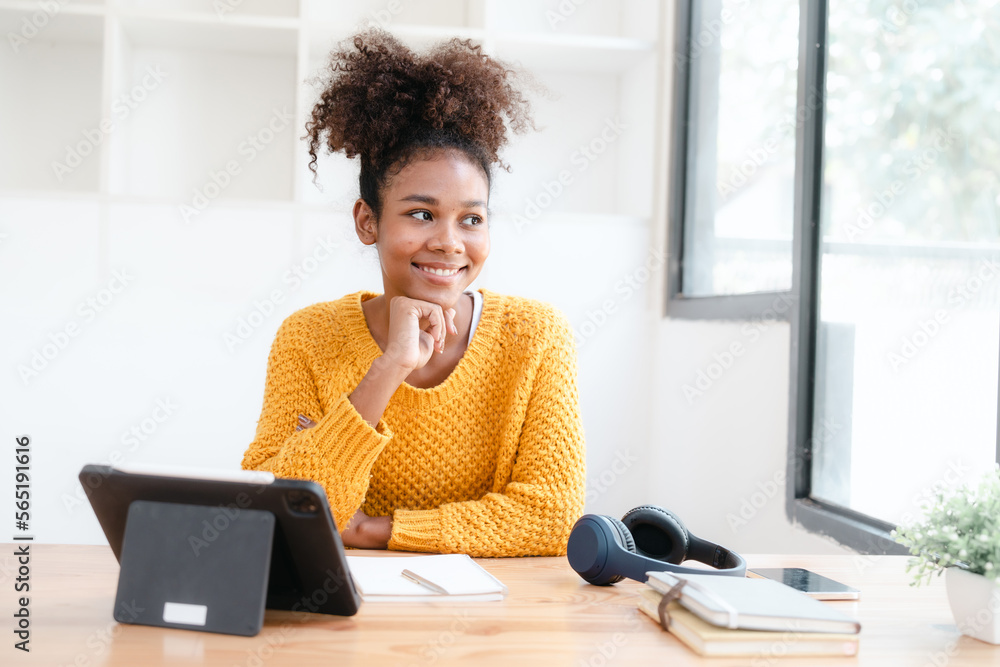 Pretty young african american student woman study online class in ...