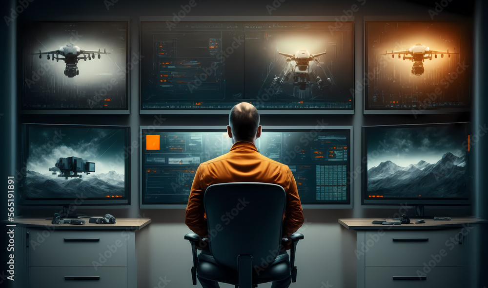 Military operator pilot control drone on computer Screen CCTV cameras ...
