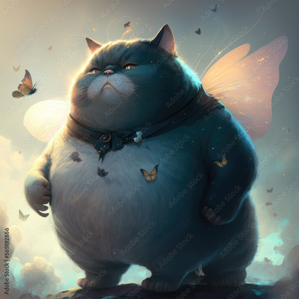 Floating Fat Cat, AI Generated Illustration of a Chubby Kitty Floating ...