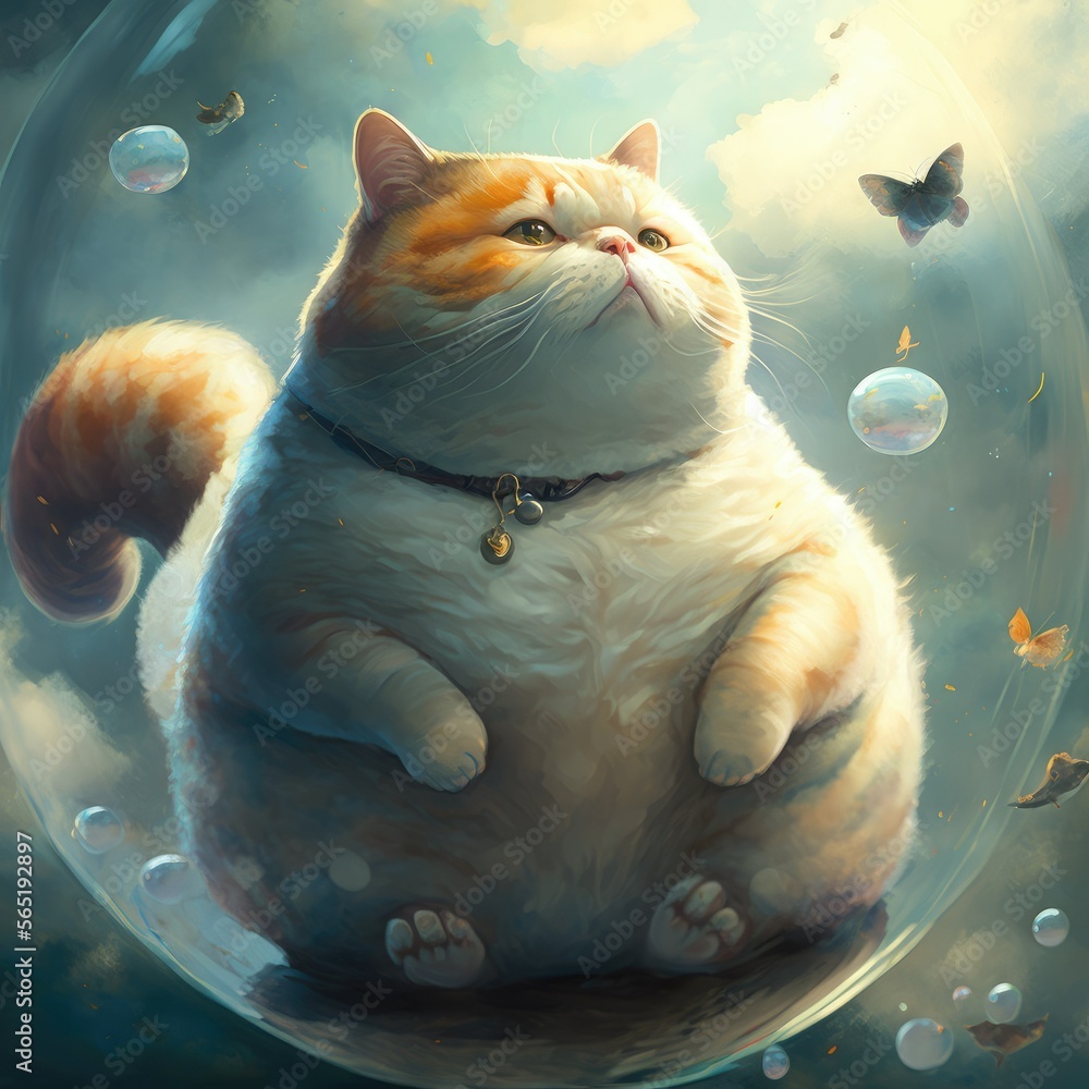 Floating Fat Cat, AI Generated Illustration of a Chubby Kitty Floating ...