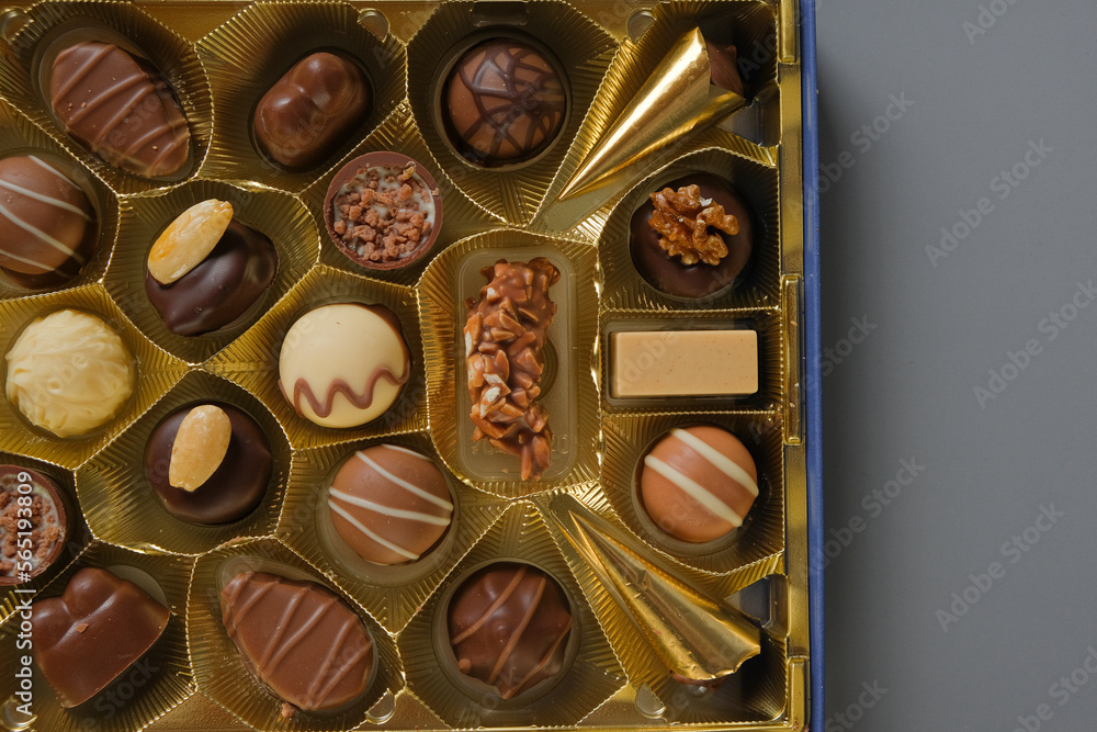 Assorted chocolate candies . Chocolate box. Milk chocolate candy.Sweets ...