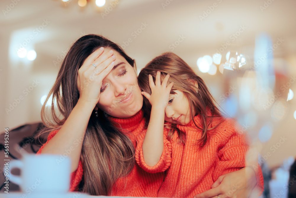 Stressed Mother and Daughter Feeling Overwhelmed Together. Child mimics her mom both feeling ...