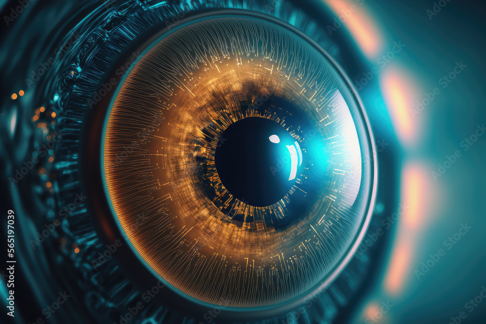 Robot or human eyeball close-up with blue pupil scanning an eye (ai ...