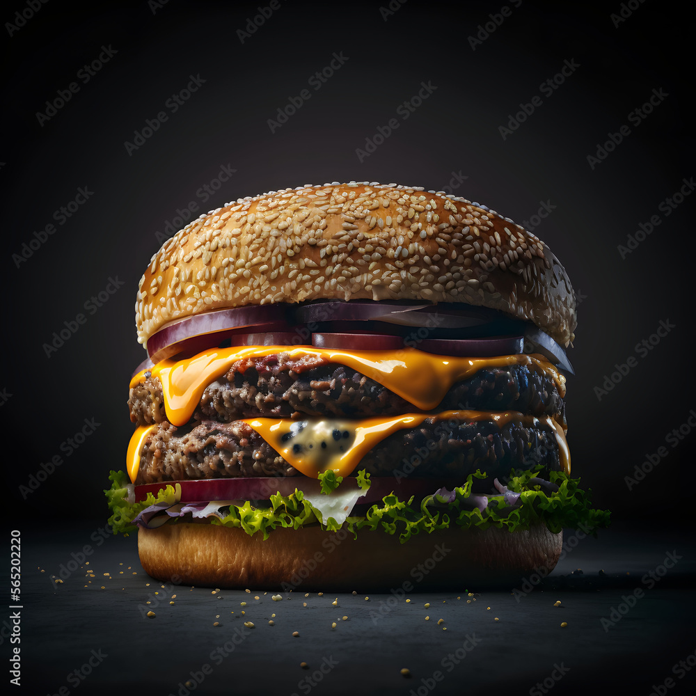 Hamburger on black background food photography made with Generative AI ...