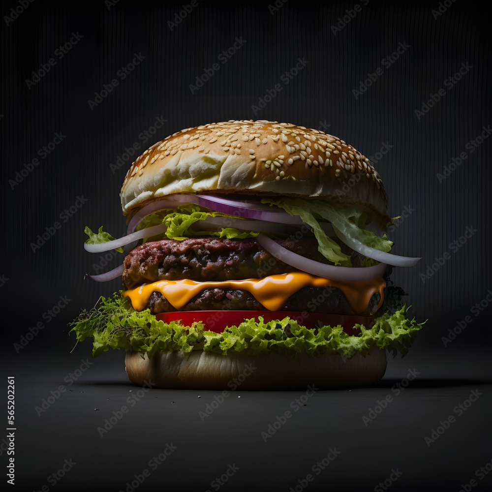 Hamburger on black background food photography made with Generative AI ...