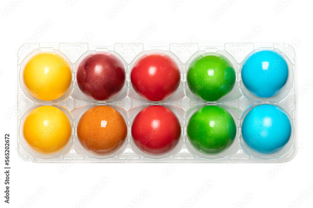 Colorful Easter eggs, colored Paschal eggs, in a clear plastic egg box ...