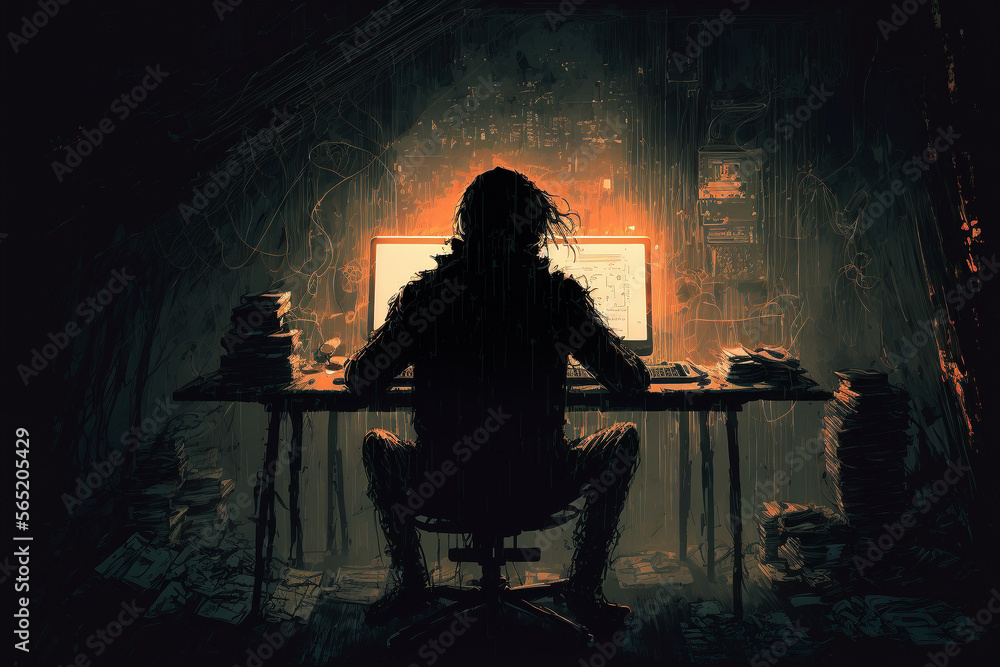 A computer hacker sitting in front of a computer in a dimly lit room ...