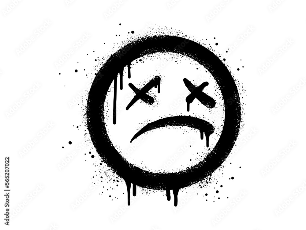 Scary sick face emoticon character. Spray painted graffiti Sad face in ...