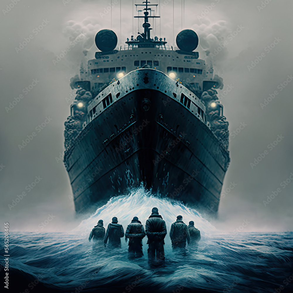 Generative AI A crew of male sailors facing down a massive ghost ship ...