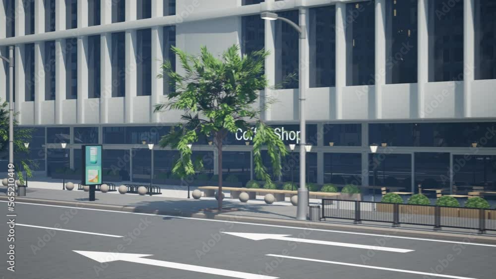 Office buildings and street in futuristic corporate illustration ...