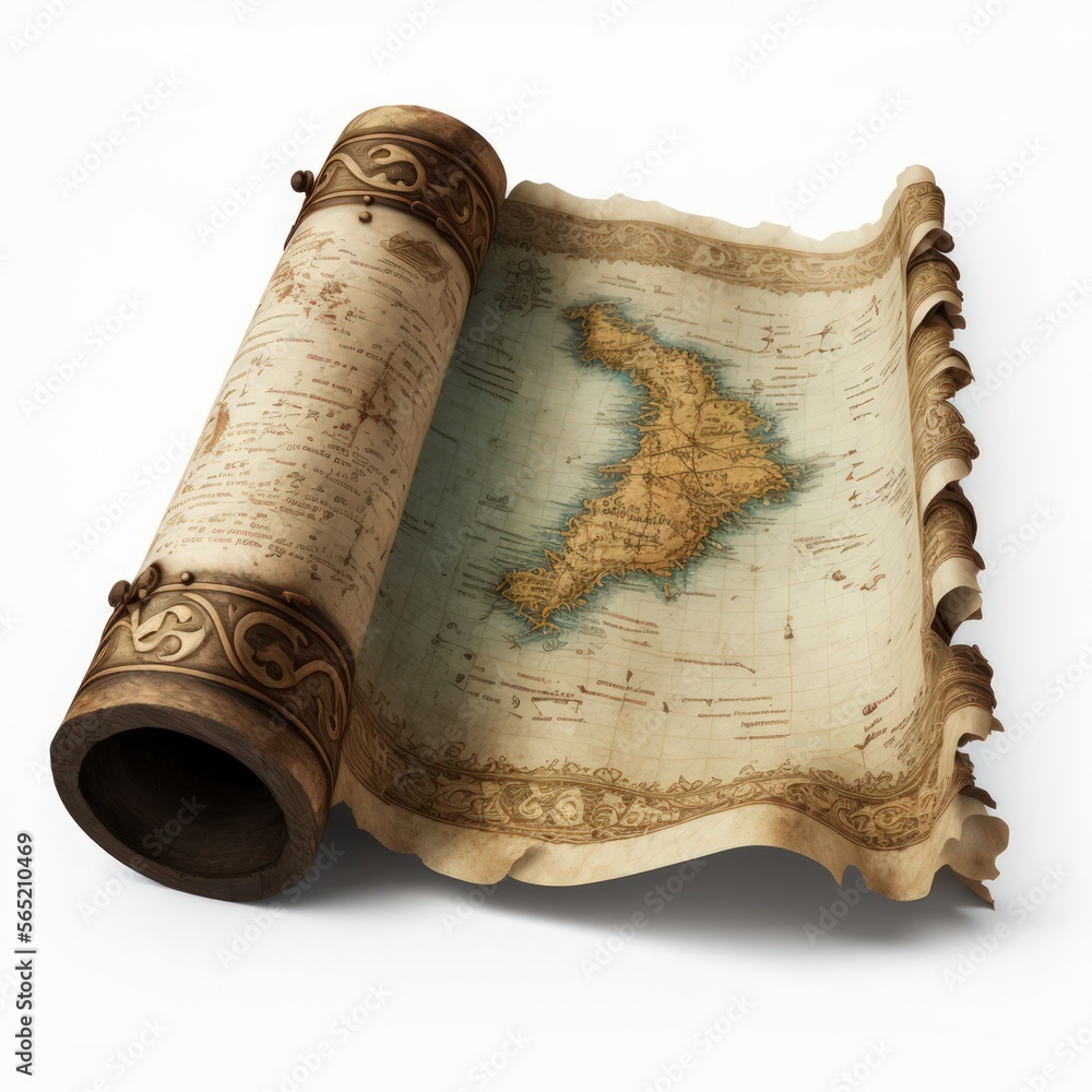 Ancient map of a fantasy land inscribed on a scroll of old paper ...