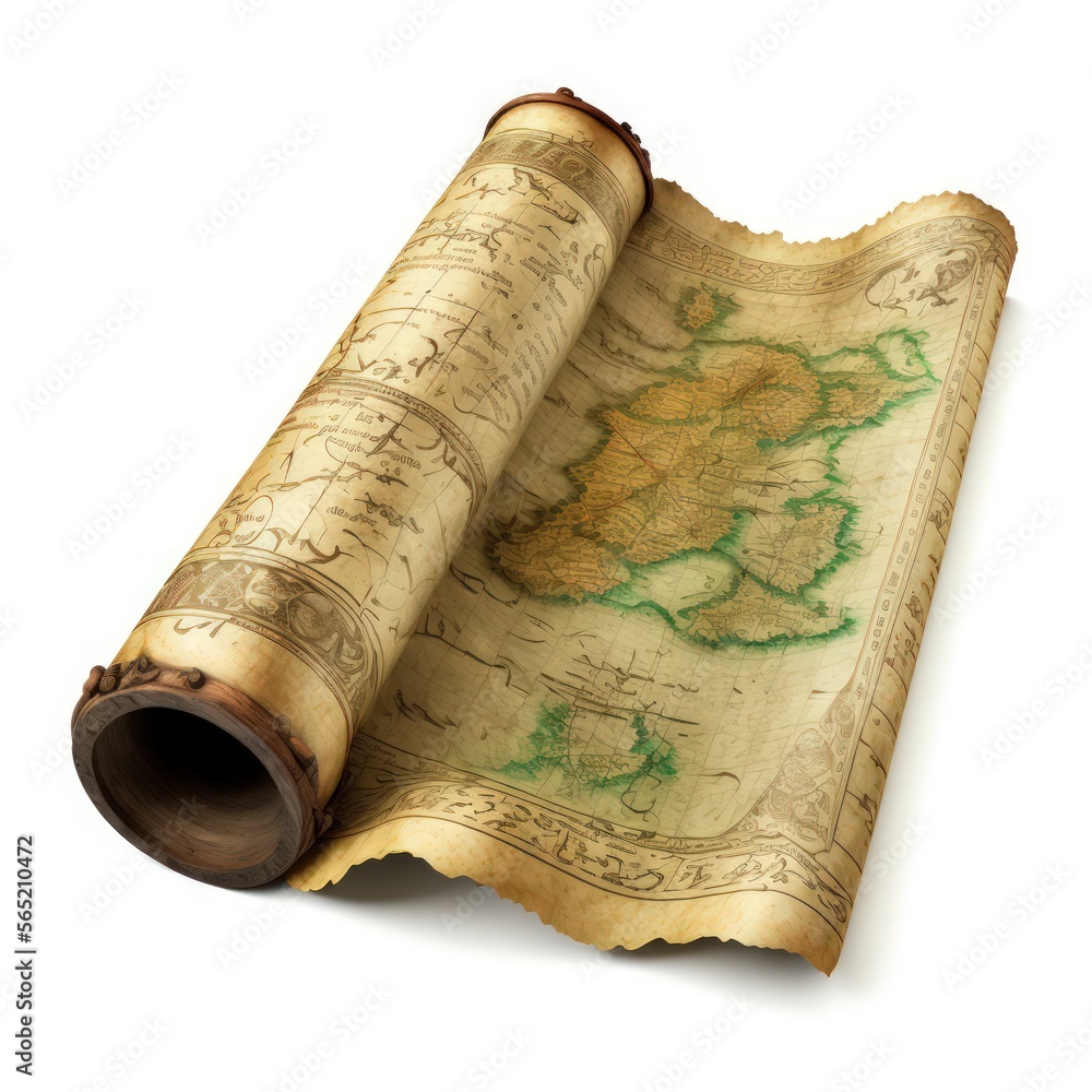Ancient map of a fantasy land inscribed on a scroll of old paper ...