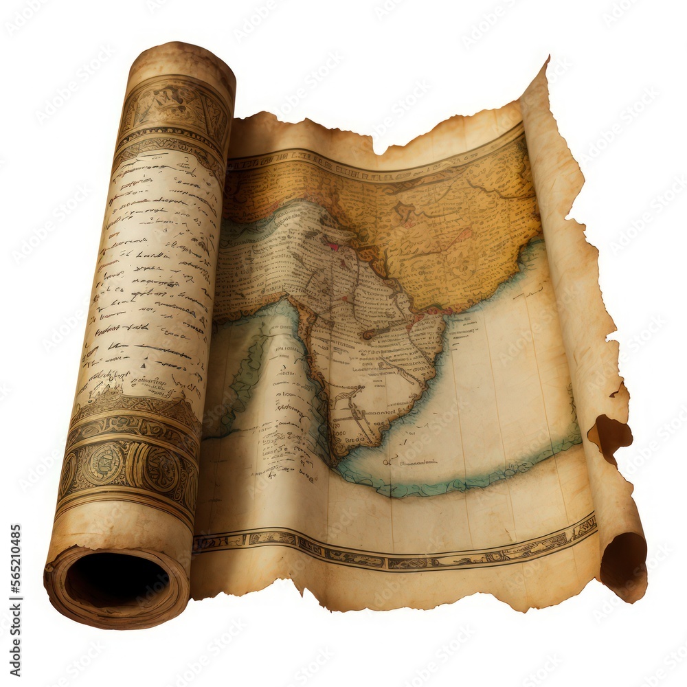 Ancient map of a fantasy land inscribed on a scroll of old paper ...