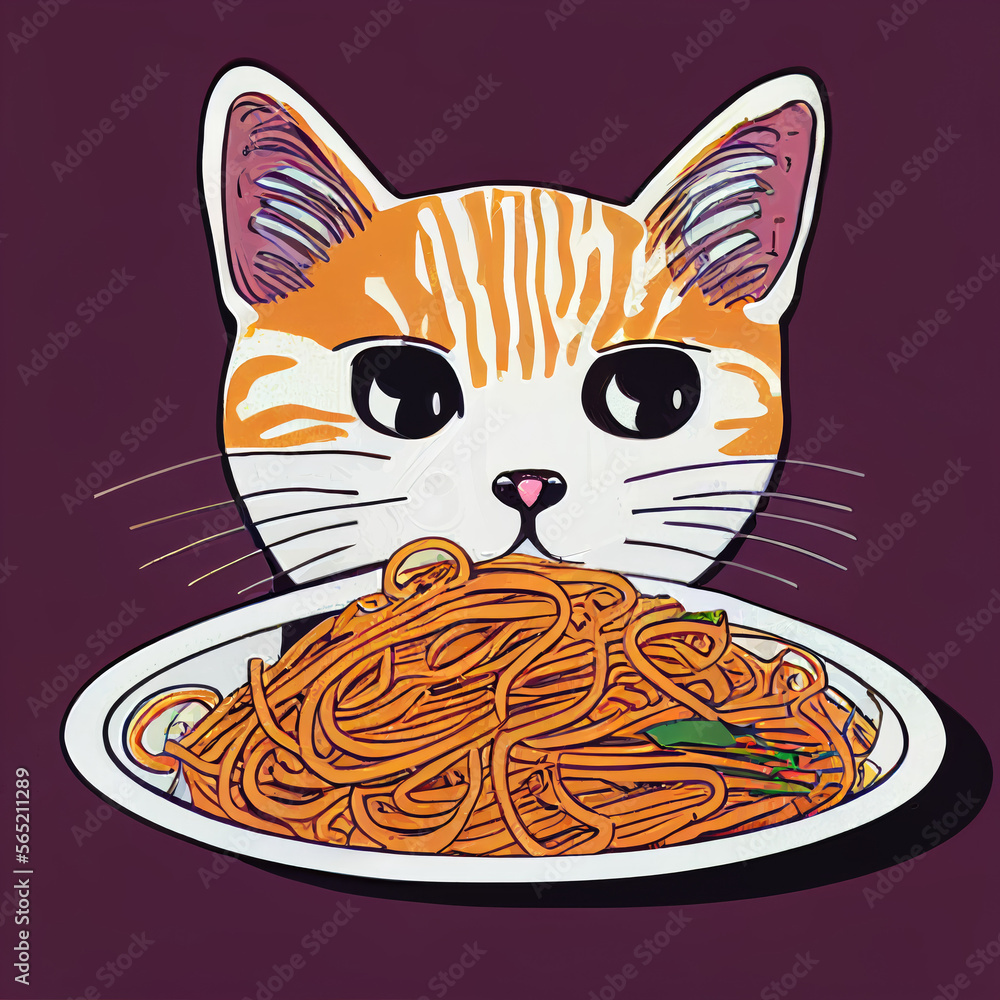 Cat Eating Spaghetti Made with Generative AI Stock Illustration | Adobe ...