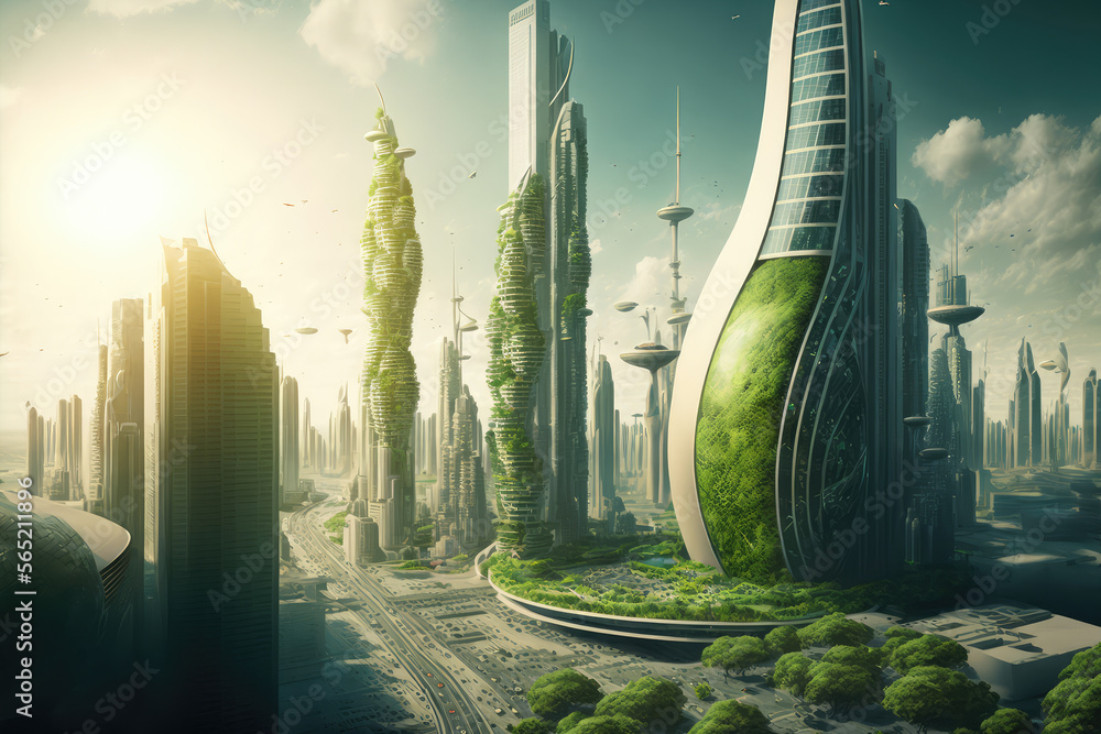 bustling city with towering skyscrapers and a visible emphasis on green ...