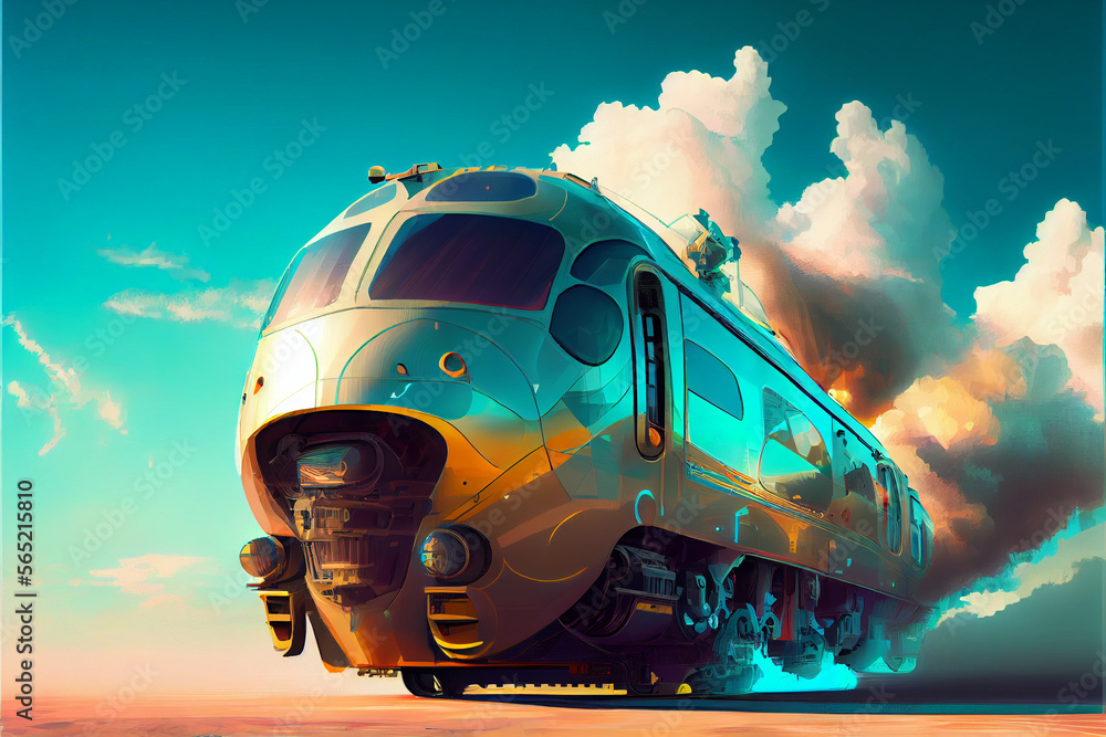 Futuristic transport train locomotive on blue sky background. Digital ...