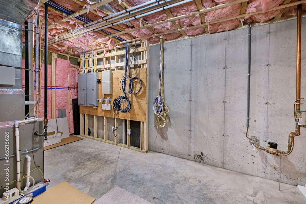Basement mechanical room with electrical, plumbing, network and heating ...