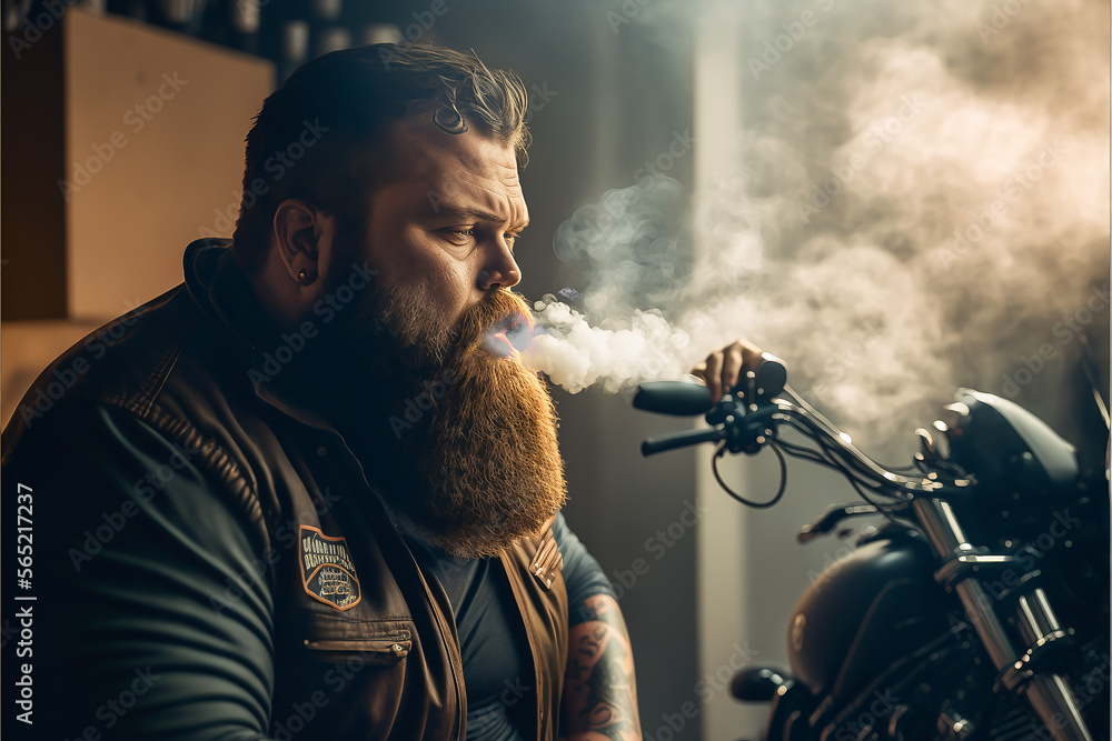 Realistic Biker is smoking a cigar - Generative AI illustrations Stock ...