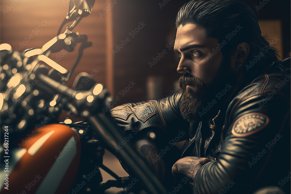 Realistic Man with a Goatee sitting on a Motorcycle- Generative AI ...