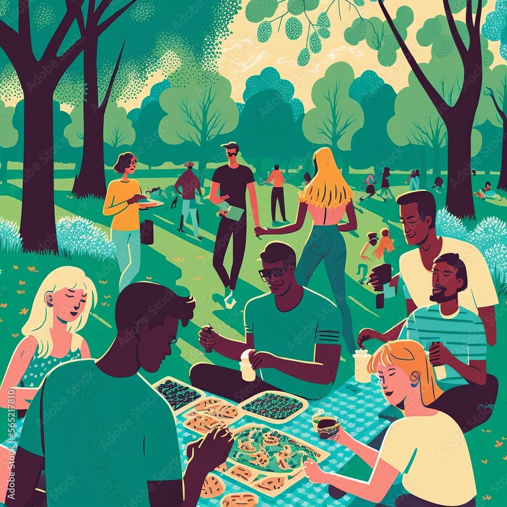 Diverse Group of People Having Potluck Picnic in Park (generative AI ...