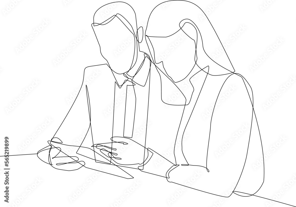 Continuous one line drawing businesswoman sitting and consulting with ...