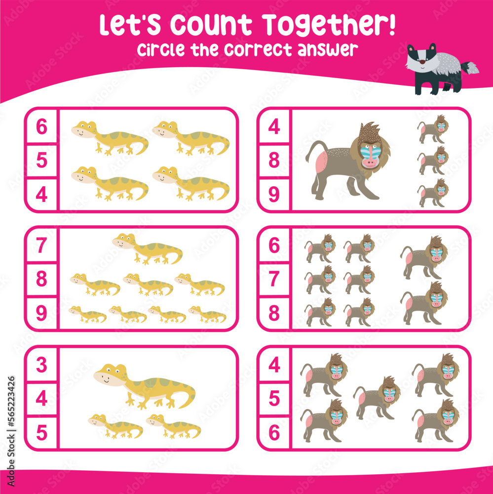 Vetor de Let’s counting the animals together and circle the number on ...