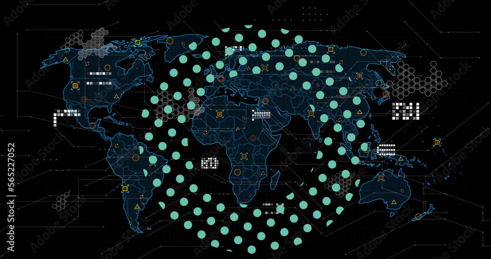 Composition of circle with dots and data processing over world map ...