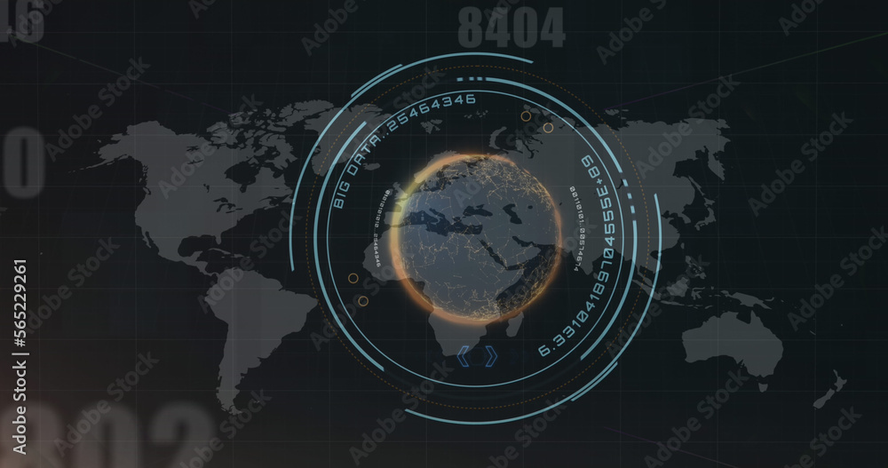 Composition of world map with numbers and scope scanning over black background Illustration ...
