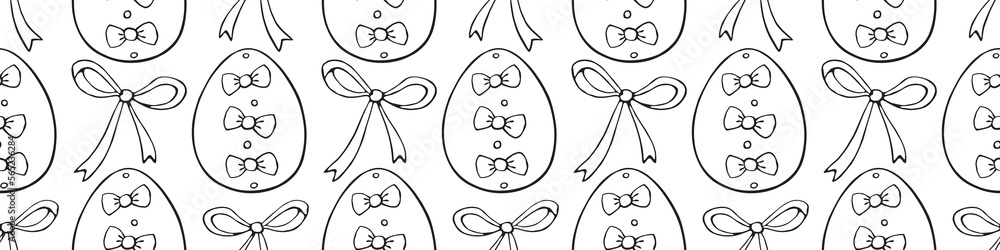 Vector seamless pattern with outline Easter eggs and bows. Spring hand ...