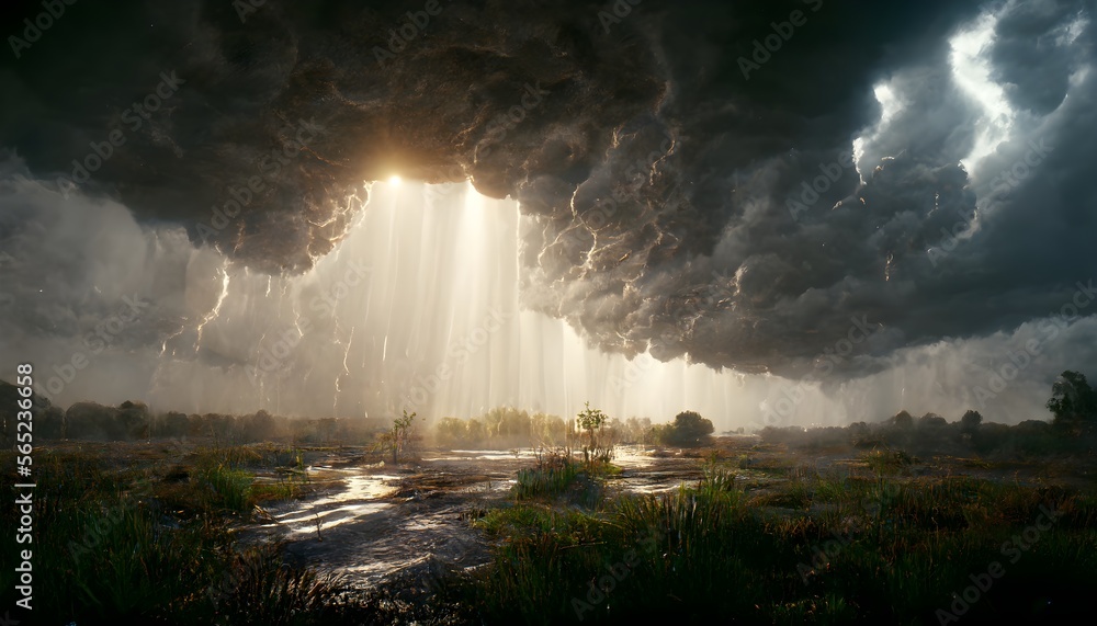 a stormy game environment with heavy clouds lightning and rain with the ...
