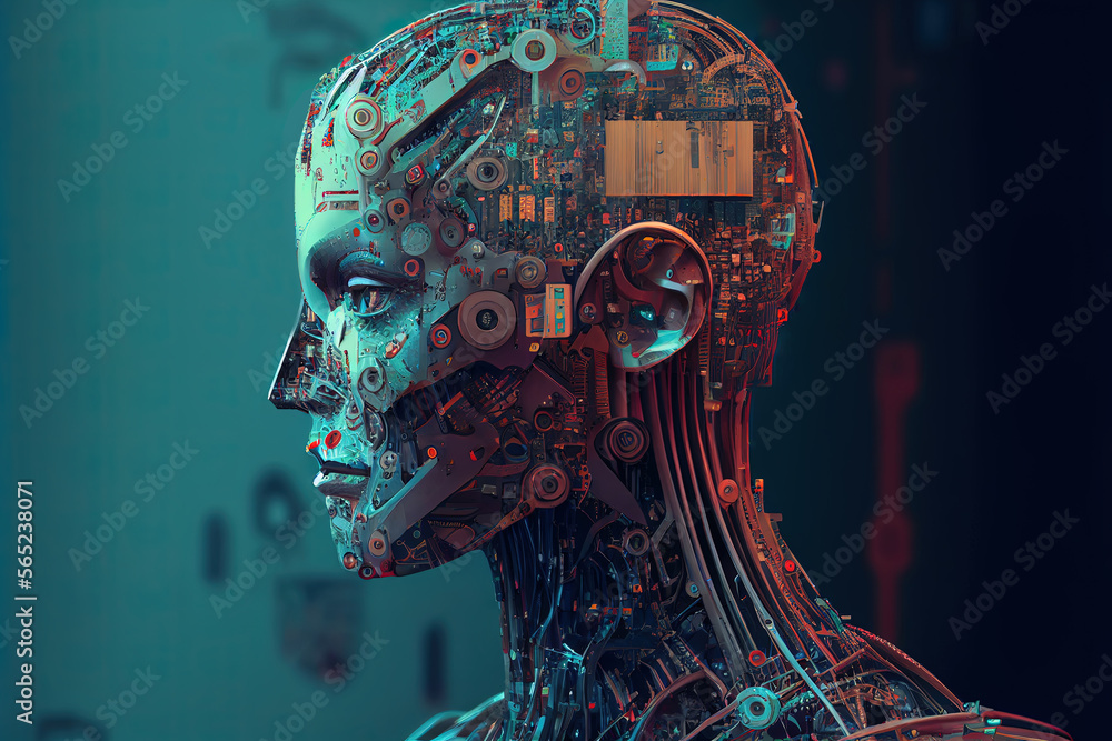 Cybernetic robotic human head, half human half machine, science fiction ...