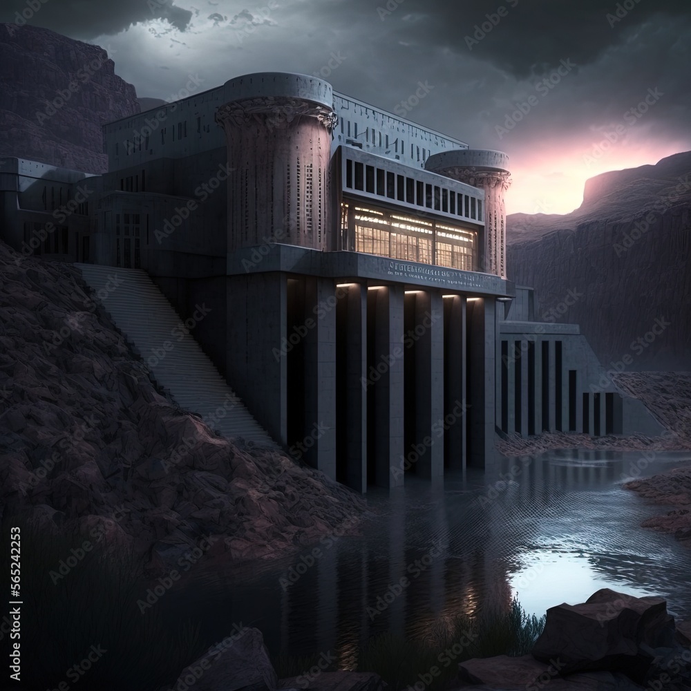 A futuristic colossal brutalist dam over the Grand Canyon in a dark ...