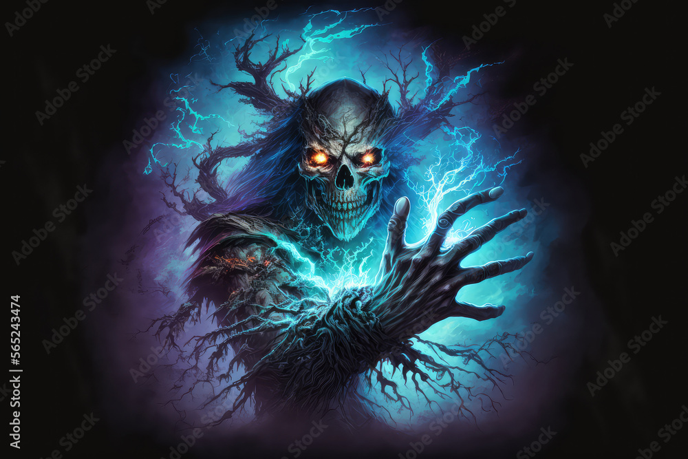 Ilustrace „A sinister devastated necromancer in a spiked hood and a ...